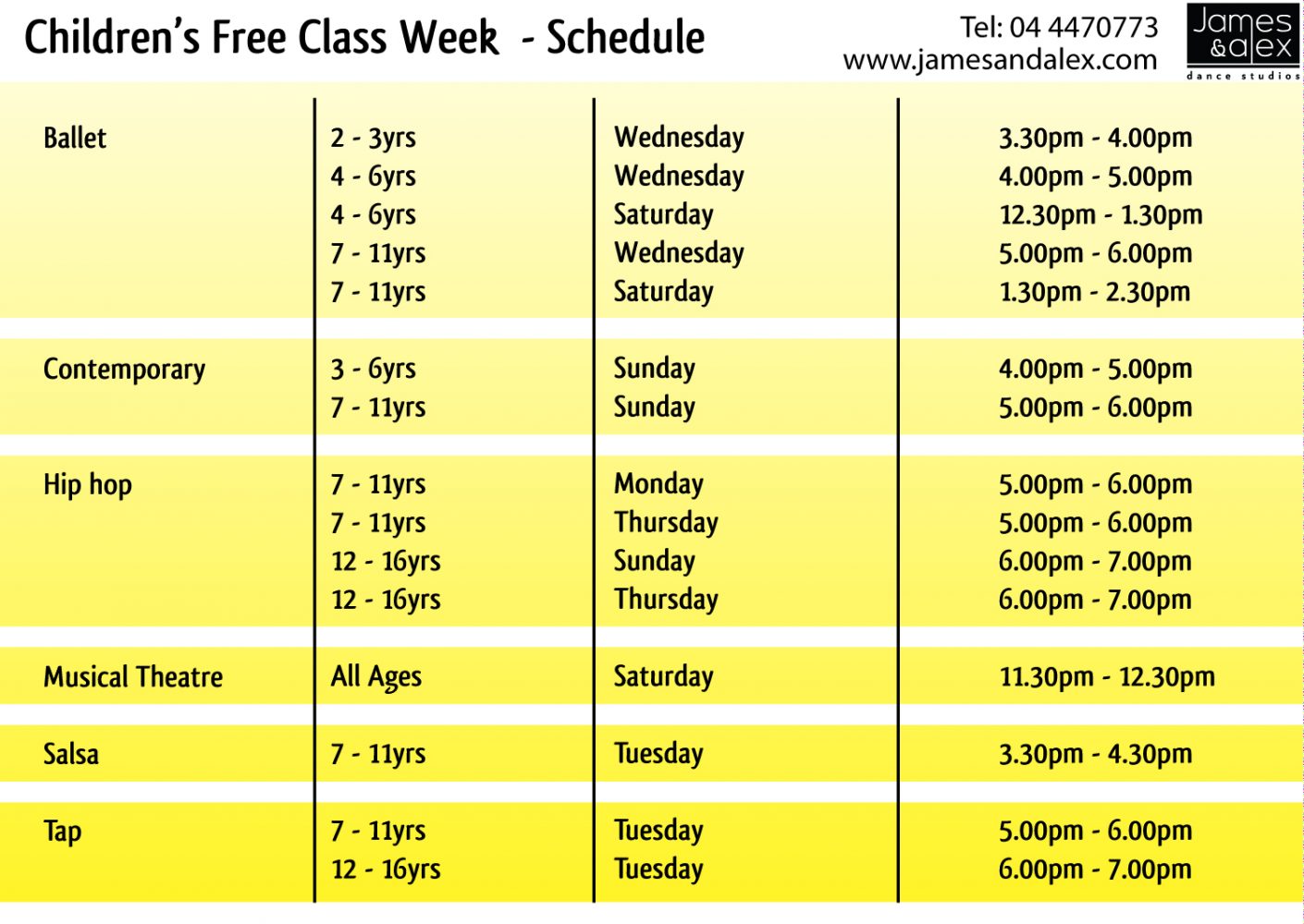 Childrens Free Dance Week Schedule